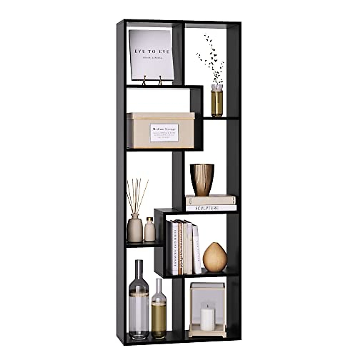 FOTOSOK Geometric Bookcase, 8-Tier Bookshelf TV Stand, Free Standing Display and Storage Shelf for Home Office, Black