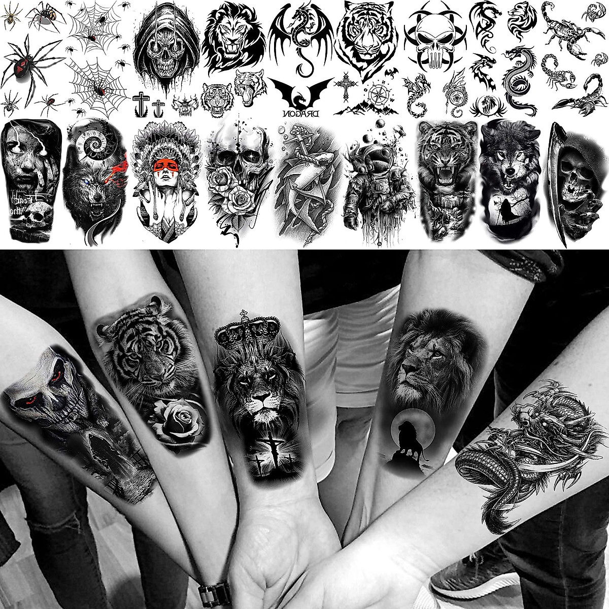 Bilizar 63 Sheets Tribal Wolf Lion Tiger Temporary Tattoos For Men Women Adults, Scary Halloween Skull Gangster Fake Tattoo Stickers Kids, Small 3D Realistic Tattoos Thigh Arm Neck Elephant Warrior