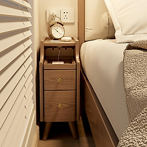 KASLANDI Small Nightstand,Solid Wood Nightstand with Drawers, Walnut Bedside Table for Bedroom