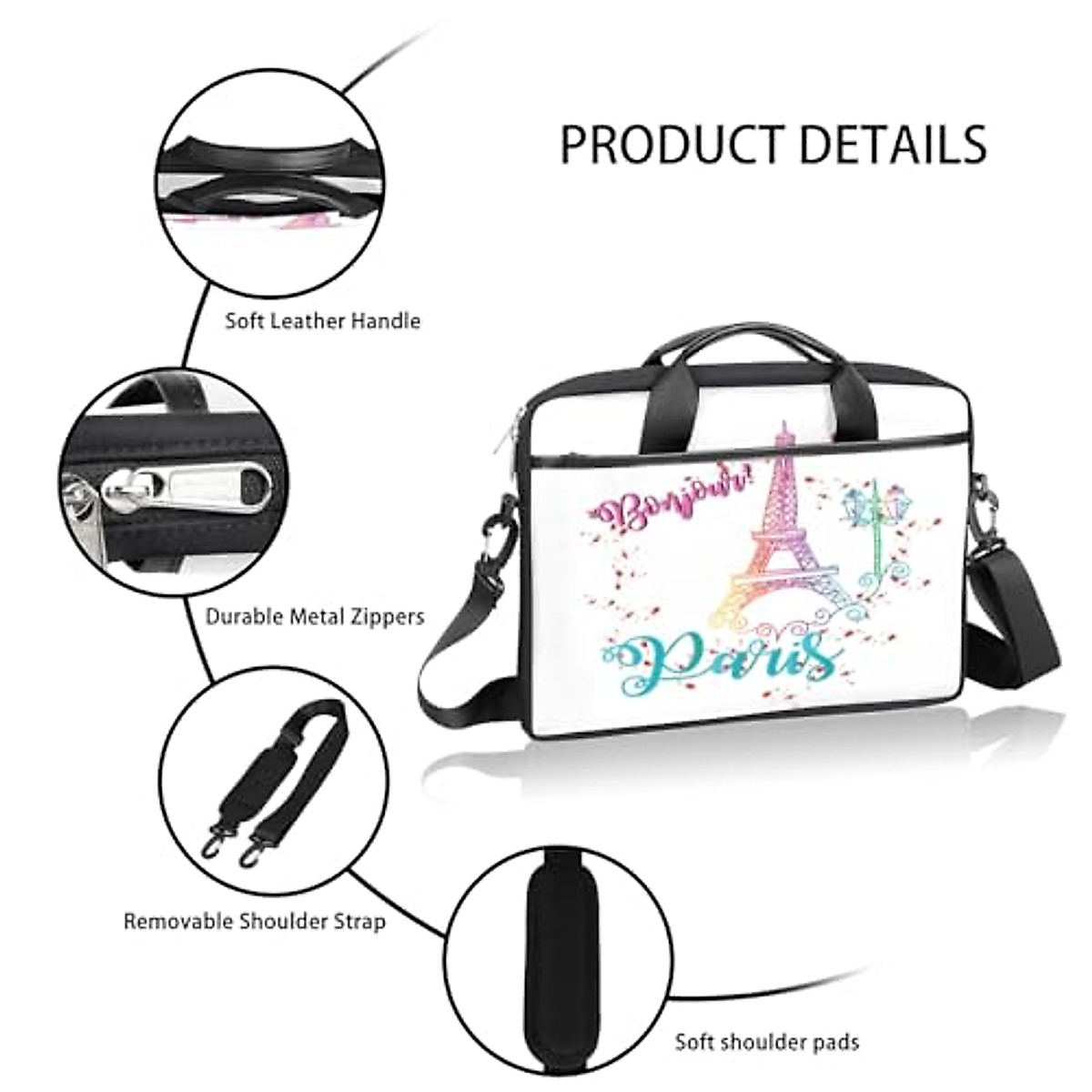 Paris Eiffel Tower Laptop Computer Bag Waterproof Shoulder Messenger Bag 13-15 inch Durable Laptop Tote Bag with Shoulder Strap Handle Lightweight Crossbody Briefcase
