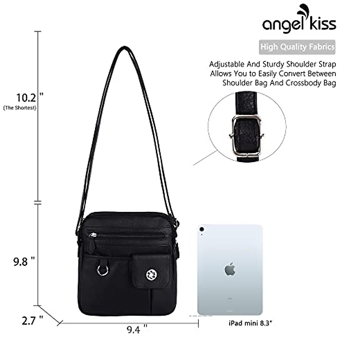 Angel Kiss Vegan Leather Crossbody Bag Women Shoulder Purse Female Multiple Zipper Pockets