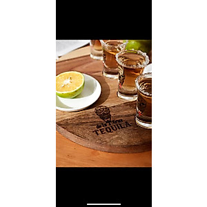 de la Cruz Tequila Flight Board with Salt Rim, Includes 4x Shot Glasses and Ceramic Plate Handmade Board, Glass Holder, Bar Party Serving Tray, Family Dinner Party, Gift for Friend