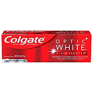 Colgate Optic White Stain Fighter Whitening Toothpaste, Clean Mint Flavor, Safely Removes Surface Stains, Enamel-Safe for Daily Use, Teeth Whitening Toothpaste with Fluoride, 4.2 Oz Tube
