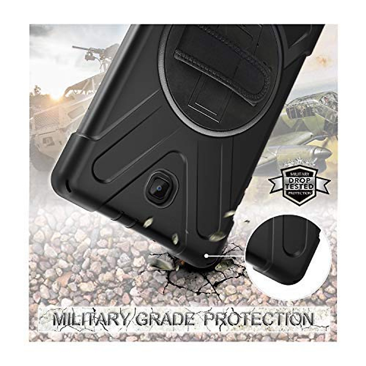 KIQ Shield Series for Samsung Galaxy Tab A 8.0 Case 2018, Shockproof 360 Rotatable W/Kickstand Hand Strap Shoulder Cover for Galaxy Tab SMT387v Tab A Verizon Case 8.0 (Black)