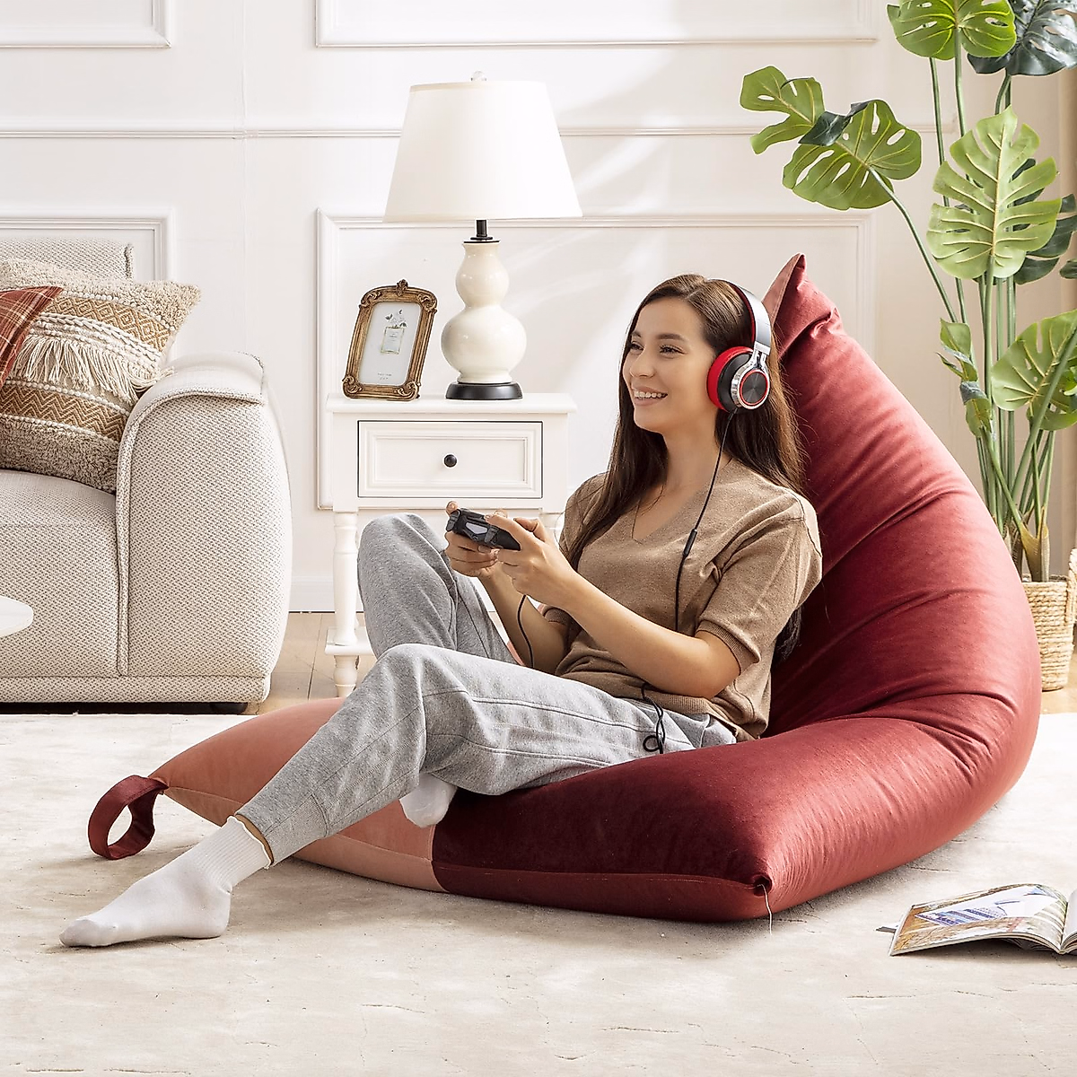 Nobildonna 4ft Bean Bag Chair Cover (No Filler) for Adults, 400L Extra Large Premium Velvet Beanbag Chair Cover, Washable Beanbag Without Filling Ultra Soft Triangular Lazy Sofa Cover (Pink Red)