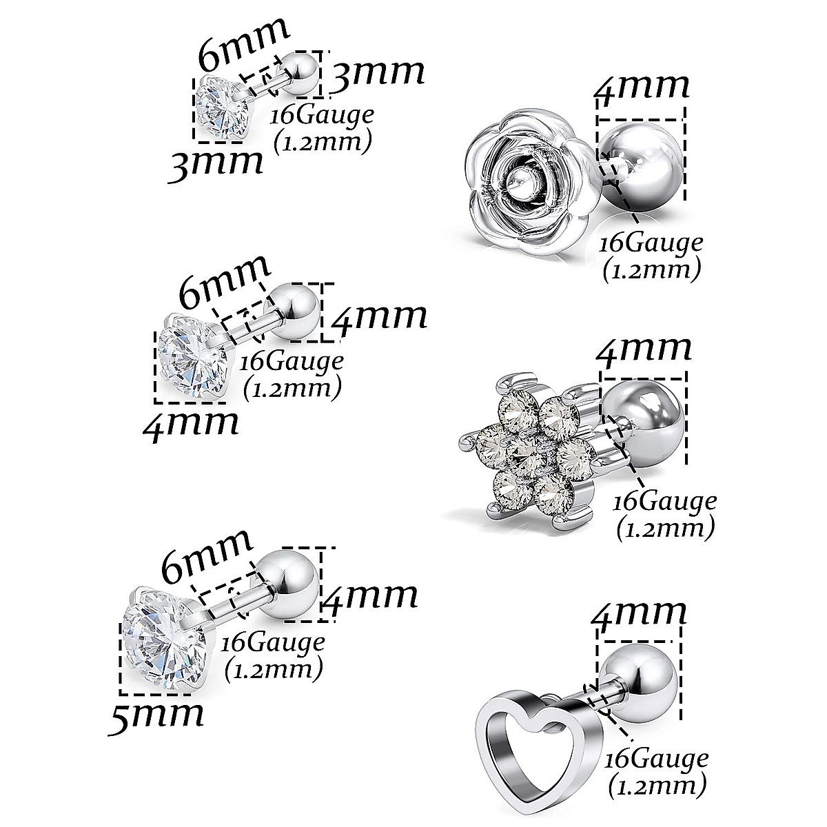 Vsnnsns 16G Cartilage Earrings Tragus Earrings for Women Silver Stainless Steel Forward Helix Earrings Stud Lip Rings Labret Monroe Medusa Barbells Studs Body Piercing Jewelry for Women Men