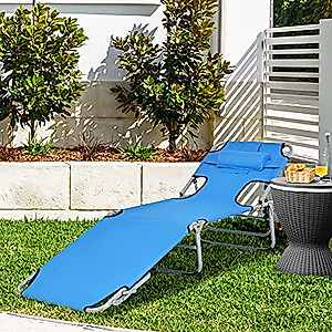 Goplus Tanning Chair, Folding Beach Lounge Chair with Face &Arm Hole, 5-Position Adjustable,Removable Pillow,Side Pocket, Sunbathing Chair, Portable Outdoor Lounge Chair for Patio Pool Lawn (1, Navy)