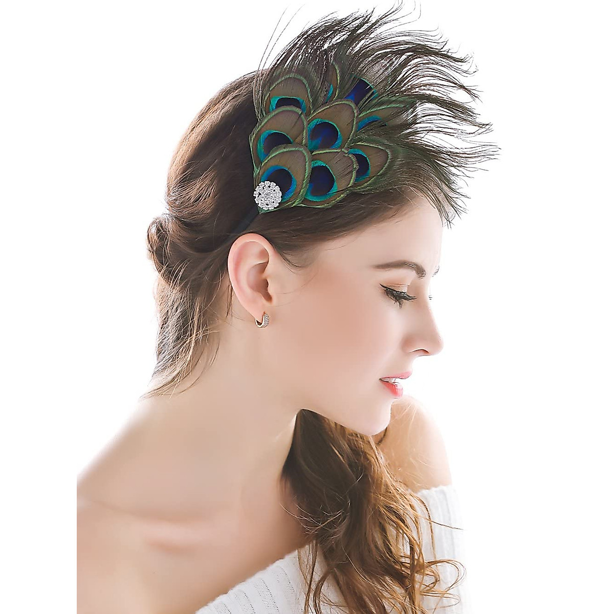 Aukmla Peacock Feather Headband Green 1920s Flapper Headpiece Rhinestones Costume Headdress Hair Accessories for Women and Girls