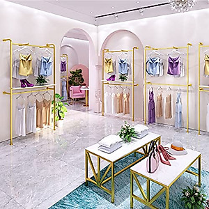 MDEPYCO Modern Simple Square Tube Double Hanging Rods Clothing Rack,Retail Display Wall Mounted Storage Clothes Hanging Shelf,2 Tier Metal Garment Rack (39" L, Gold with Wood)