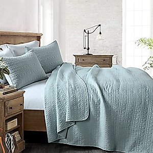 Quilt Set Queen Size Aqua Blue, Classic Geometric Spots Stitched Pattern, Stone-Washed Microfiber Chic Rustic Look, Ultra Soft Lightweight Quilted Bedspread for All Season, 3 Pieces