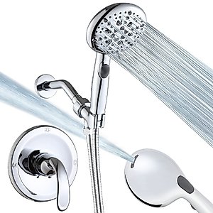 POP SANITARYWARE Shower Faucet Set Chrome, High Pressure 9-mode Handheld Shower Head System, Single Handle Shower Valve and Trim Kit, Built-in Power Spray to Clean