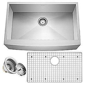 Miligoré 33" x 21" x 10" Deep Single Bowl Farmhouse Apron Zero Radius 16-Gauge Stainless Steel Kitchen Sink - Includes Drain/Grid