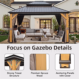 DHPM 12'x14' Metal Steel Gazebo, Outdoor Aluminum Hardtop Canopy with Netting and Shaded Curtains, Double Roof Pergolas, Permanent Metal Pavilion for Patio, Backyard, Deck and Lawns