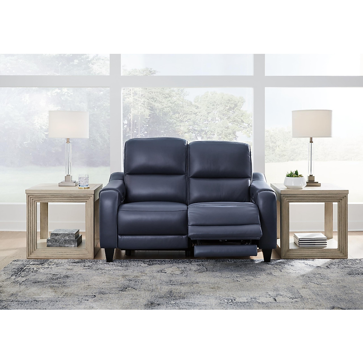 Signature Design by Ashley Mercomatic Contemporary Leather Match Wall Hugger Power Reclining Loveseat with Adjustable Headrest and USB Ports, Blue