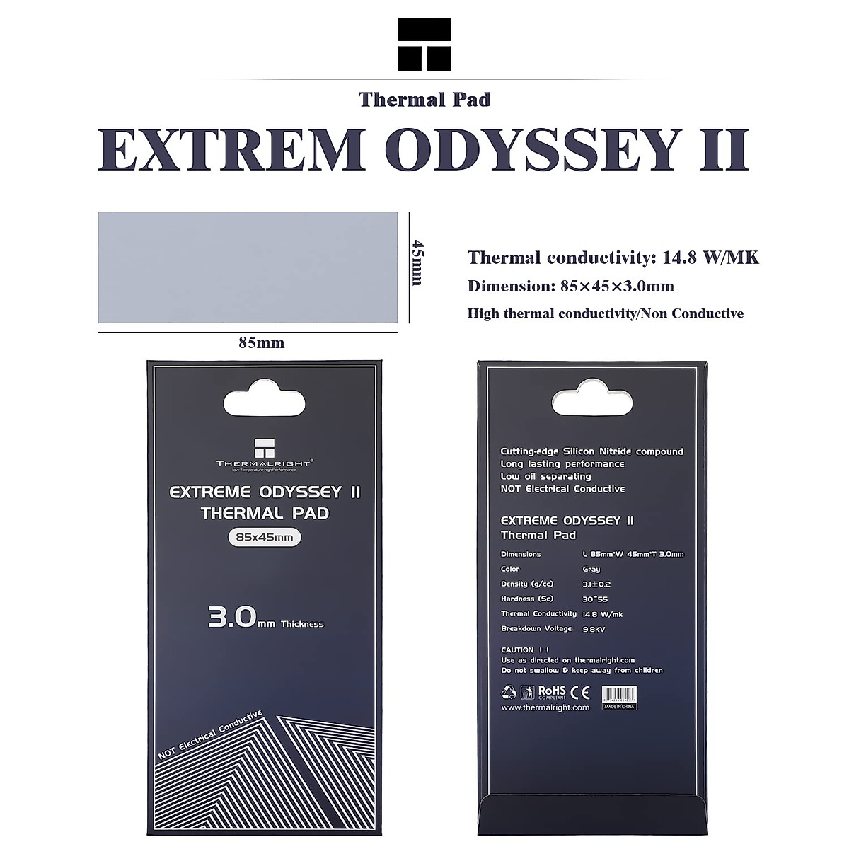 Thermalright Thermal Pad 14.8 W/mK Non Conductive Heat Dissipation Silicone Pad for PC Laptop Heatsink CPU/GPU/LED Graphics Card Motherboard Silicone Grease Multi-Size Pad (85x45x3.0mm)