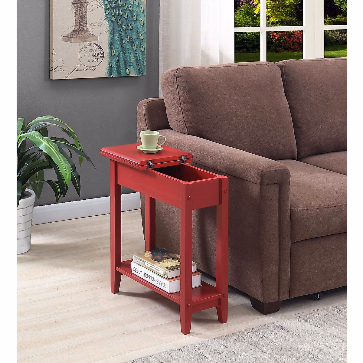 Convenience Concepts American Heritage Flip Top End Table with Shelf, 23", Cranberry Red