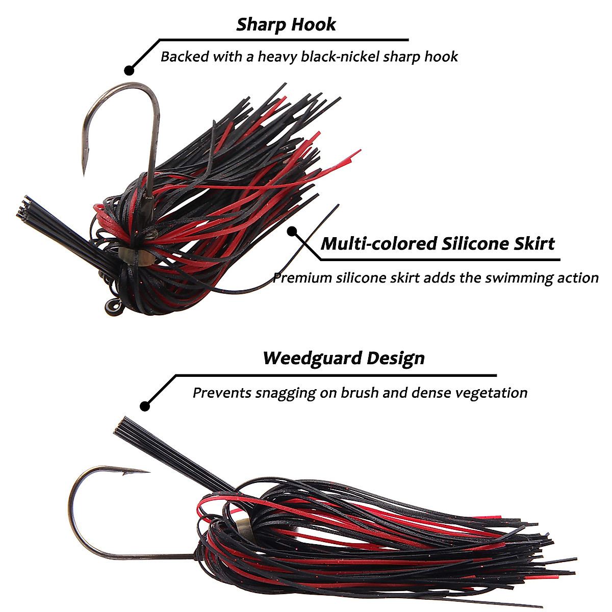 Bass Football Jigs Set-6pcs Weedless Jig Swim Jigs for Bass Fishing Jig Head Silicone Skirts Weedguard System Fishing Lure Kit 1/4oz,3/8oz