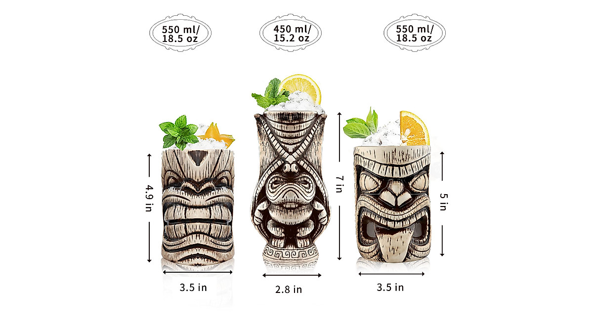 Tiki Mugs Set - Large Ceramic Tiki Mug, Cocktail Mugs for Mai Tai ...