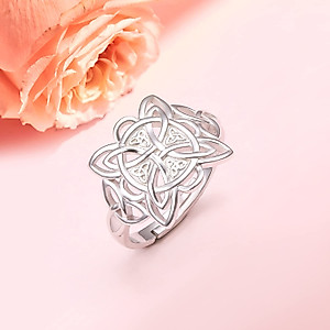 FLYOW 925 Sterling Silver Good Luck Irish Jewelry Celtic Quaternary Wiccan Witches Knot Ring for Women, Size 9