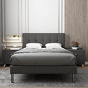 Full Size Fabric Modern Upholstered Platform Bed with Headboard, Heavy Duty Bed Frame with Wood Slat Support, No Box Spring Required, Easy Assembly, Dark Gray