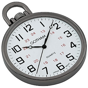 Gotham Men's Gunmetal Ultra Thin Railroad Open Face Quartz Pocket Watch # GWC15026B