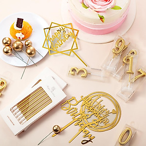 Yerliker 34 Pcs Happy Birthday Cake Toppers Decorations Birthday Candles for Men Women with 12 Long Thin Candles 10 Number Candles 9 Ball Cake Topper 3 Birthday Cake Topper(Gold)
