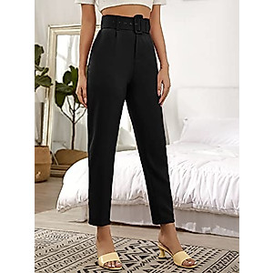 MakeMeChic Women's Casual High Waisted Belted Tapered Pants with Pockets Black M