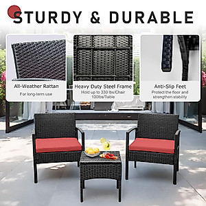 HOMEZILLIONS Outdoor Furniture 3 Piece Wicker Patio Conversation Bistro Furniture Set, All-Weather Outdoor Patio Chairs Set with Side Table for Garden Porch Yard, Red