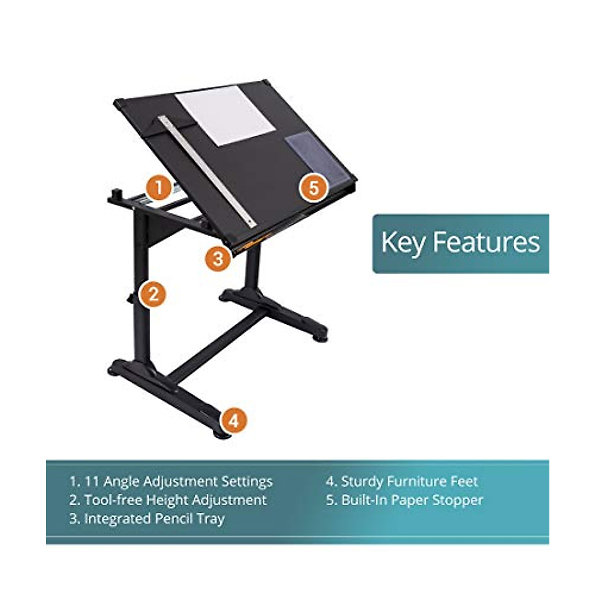 Stand Up Desk Store Adjustable Height and Angle Drafting Table Drawing Desk with Large Surface (Black Frame/Black Top, 40" W X 26" D)