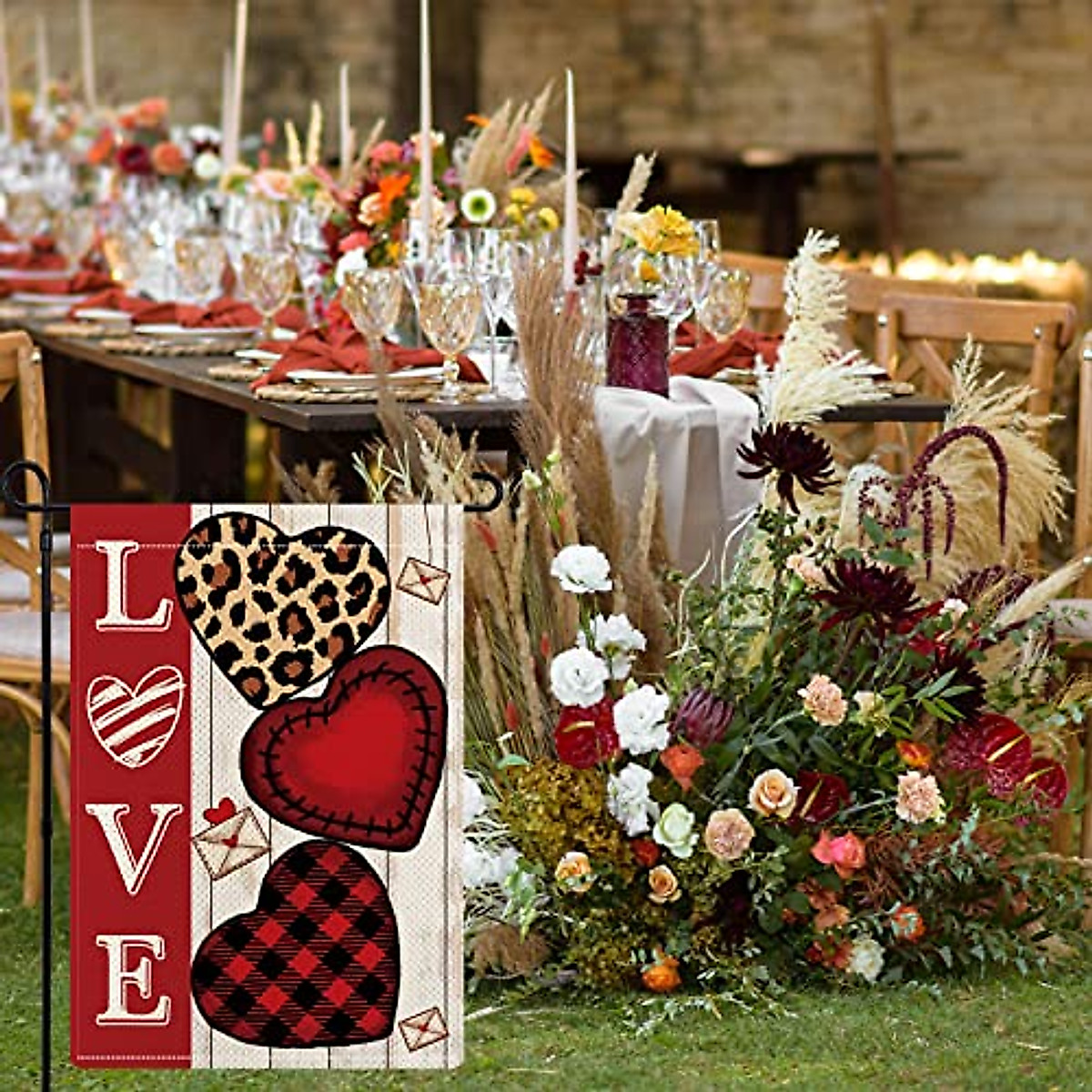 YOVOYOA Happy Valentines Day Garden Flag, 12.5 x 18" Vertical Double Sided Heart Anniversary Wedding Burlap Flag, Rustic Love Leopard Print Buffalo Check Plaid Flag for Yard Patio Farmhouse Decor