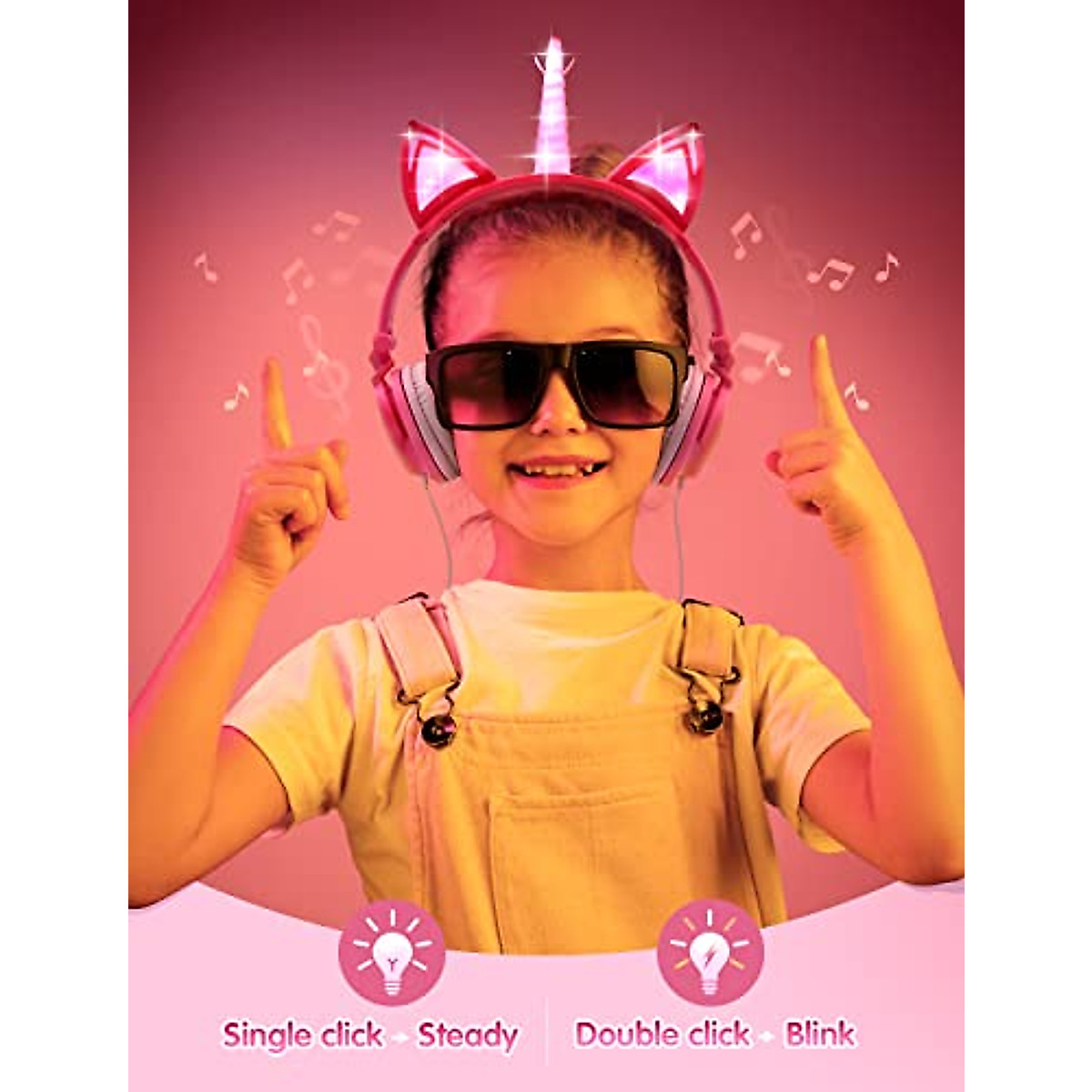 ONTA Unicorn Kids Headphones, Cat Ear LED Light Up Foldable Earphone Wired Over On Ear for Girls Boys,Kids Headband Toddler Tablet for School Supply/Travel/Holiday/Birthday/Cosplay Gifts(Peach)