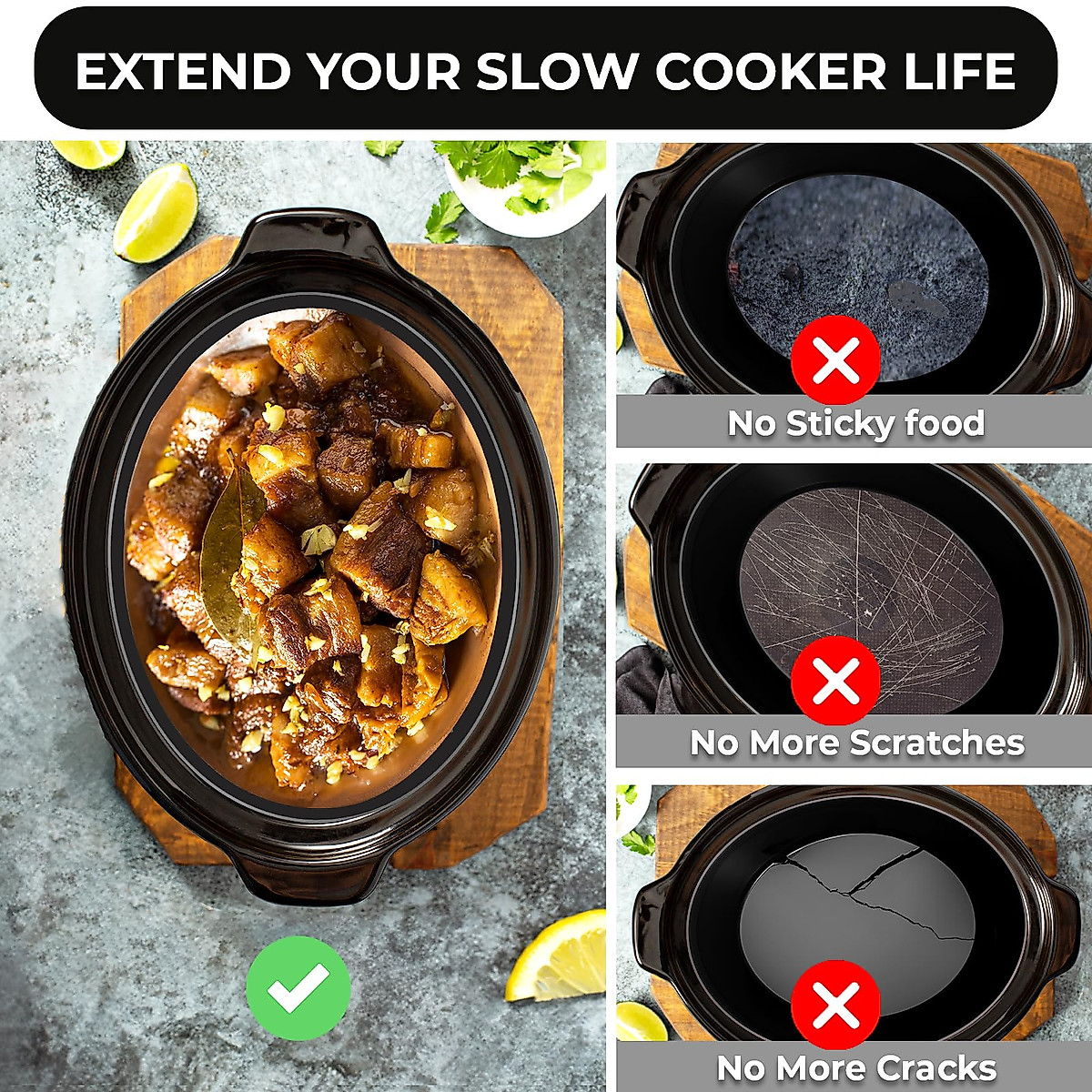 Silicone Slow Cooker Liners for 7-8QT CrockPot and other Oval Slow Cookers - Silicone Crock Pot Liners for 7-8 Quart Crock Pots - Reusable, Leakproof & Food-Grade Silicone Crock Pot Inserts - (Black)