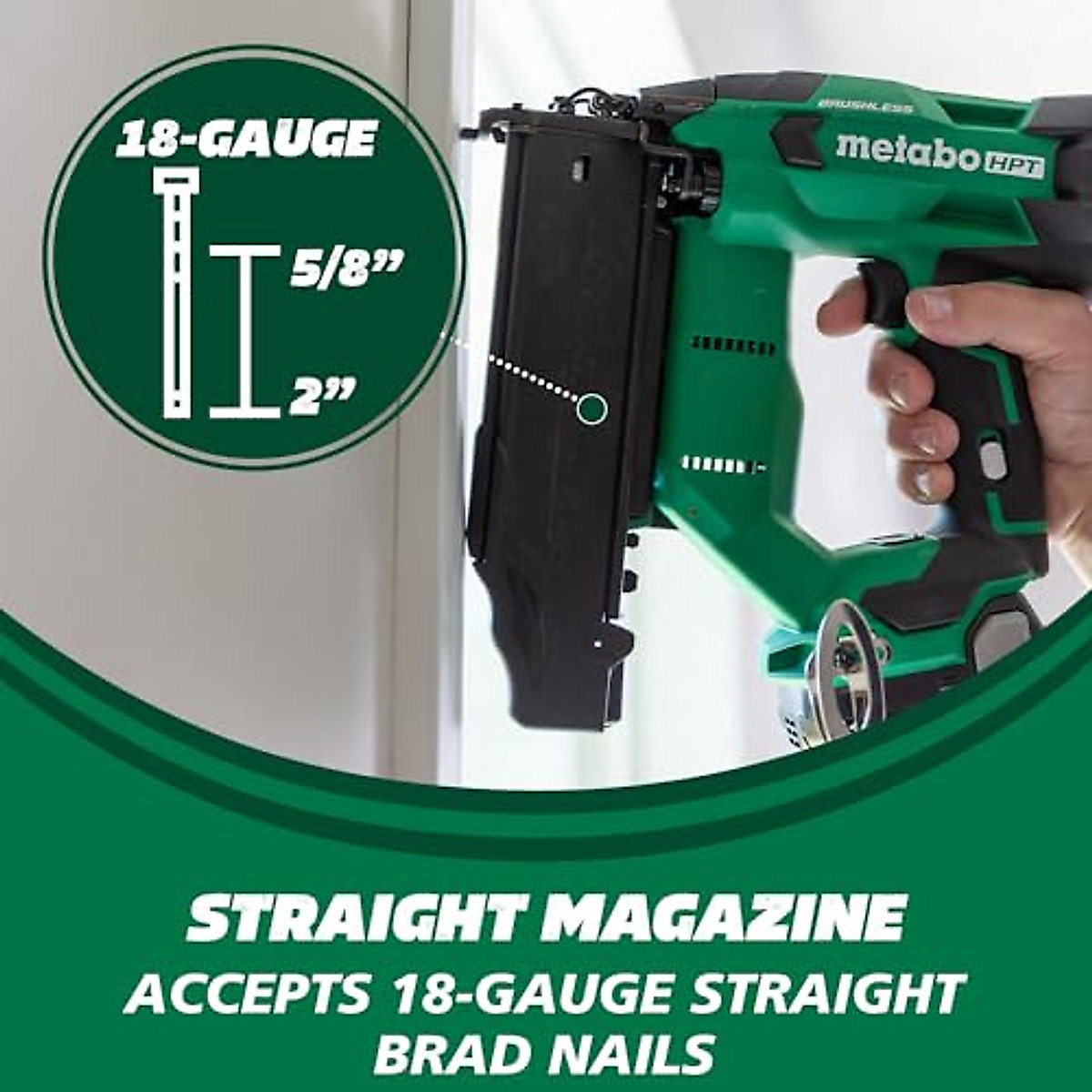 Metabo HPT 18V MultiVolt™ Cordless Brad Nailer Kit, 18 Gauge, 5/8" up to 2" Brad Nails, Includes (1) 18V 2.0Ah Lithium Ion Battery w/Fuel Gauge, Charger, Bag, Lifetime Power Tool Warranty, NT1850DFT