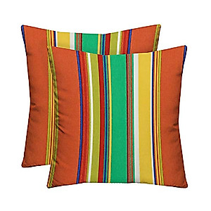 RSH DECOR Set of 2 Indoor Outdoor 17" Patio Furniture Square Decorative Throw Toss Pillows Water Resistant - Coral Green Blue Turquoise Red Yellow Bright Colorful Stripe
