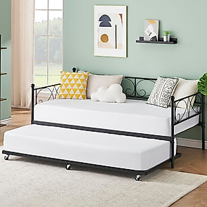 IDEALHOUSE Metal Daybed Frame with Trundle Heavy Duty Metal Slats/Mattress Foundation Platform Sofa Bed with Headboard for Bedroom, Twin, Black