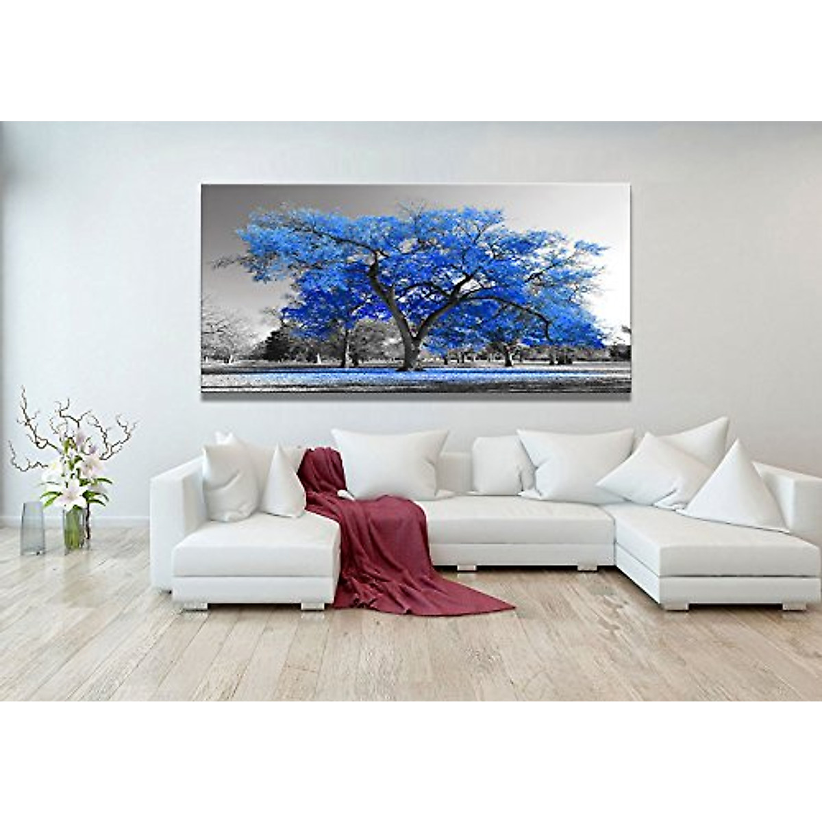 Wall Art Painting Contemporary Blue Tree in Black and White Style Fall Landscape Picture Modern Giclee Stretched and Framed Artwork