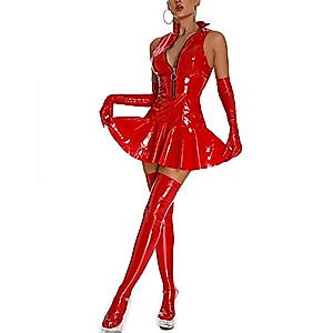 FEESHOW Women Sexy Leather Bodycon Mini Dress Gothic Bandage Party Dress Vintage Latex Dress 6# Red Large