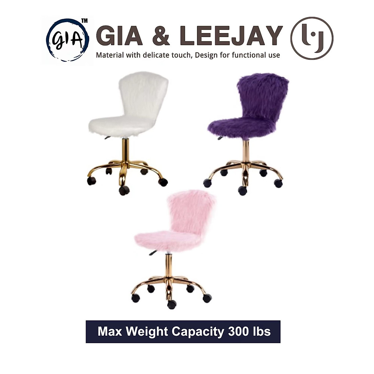 LEEJAY Cute Fuzzy Desk Chairs for Granddaughter Teen Girls, White and Gold Vanity Chair, Fluffy Task Chair for Makeup Room, Furry Chair with Golden Legs, Granddaughter Gifts from Grandma