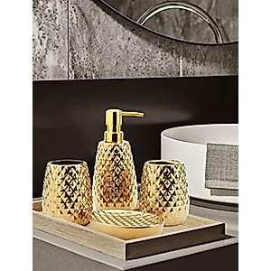 Ceramic Bathroom Accessories Set 4 Piece Contain Toothbrush Holder, Tumbler, Soap Dispenser, Soap Dish, Accessories para baño for Restroom Apartment Bathroom Decor Stuff and Gift Set （Gold）