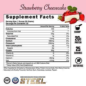 Steel Supplements Whey-Pro | 100% Pure Whey Protein Powder for Men and Women | Strawberry Cheesecake | Muscle Gain & Lean Muscle Recovery | Gluten Free | 1.65 lbs | BCAA 5g | Non-GMO | 25 Servings