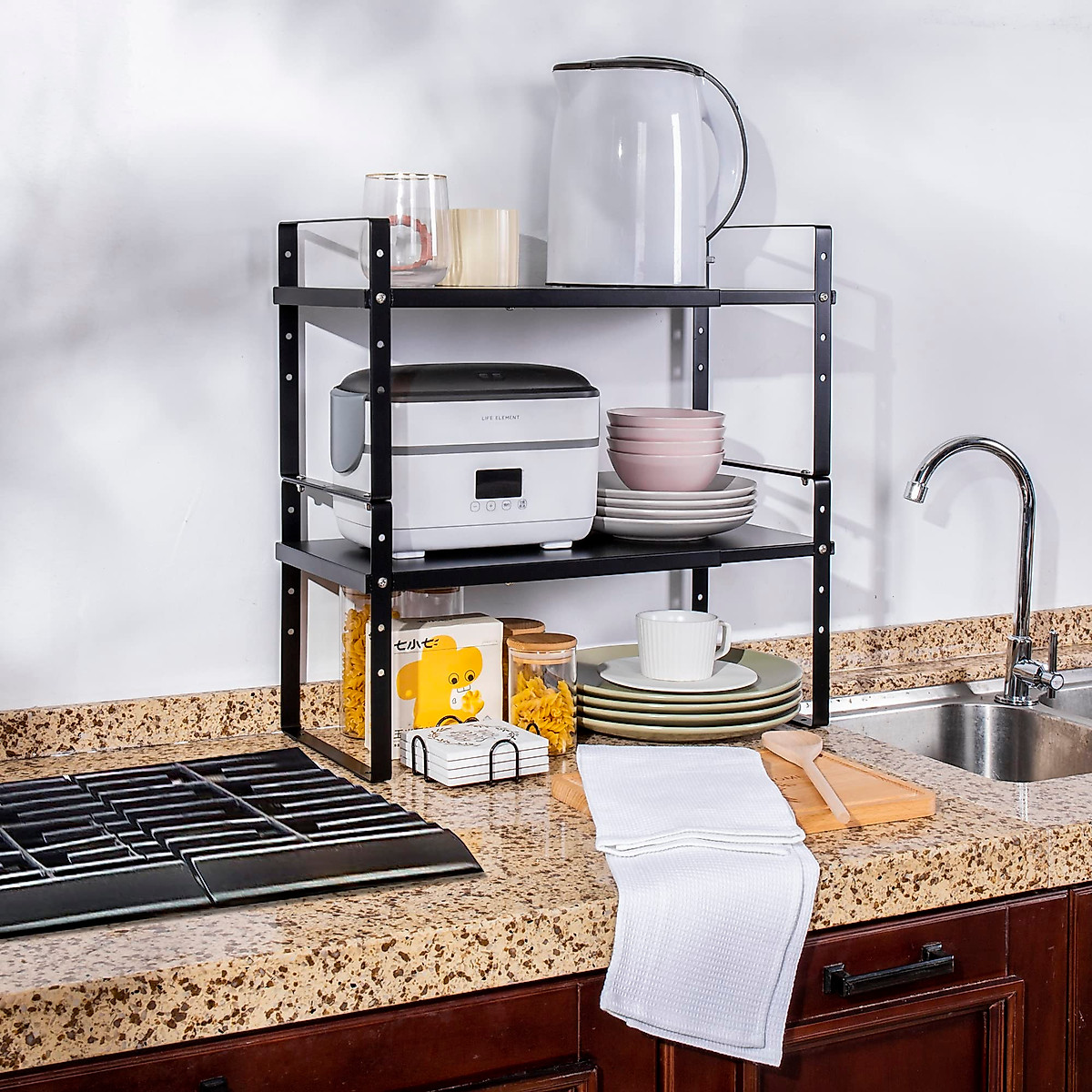 Across-Star Expandable Cabinet Shelf Organizer Rack, Stackable Kitchen Counter Storage Shelves Stand, Adjustable Height Pantry Shelf Spice Rack (Black, 2 Pack)