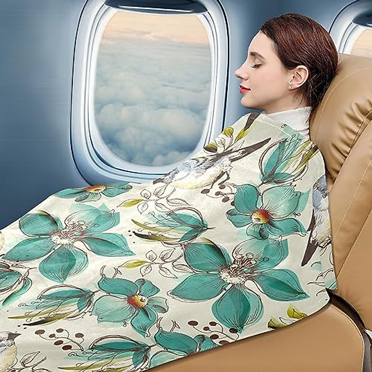 Joko Ivery Flowers Birds Premium Soft Travel Blanket Pillow Airplane Blanket with Hand Luggage Belt & Backpack Clip Car Blanket 2 in 1 for Home Train Bus Airplane
