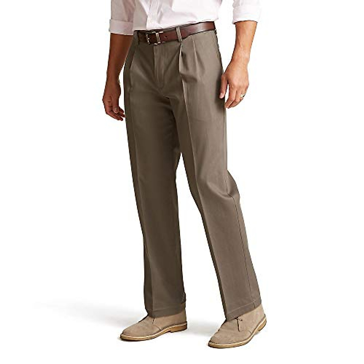 Dockers Men's Classic Fit Signature Khaki Lux Cotton Stretch Pants-Pleated (Regular and Big & Tall), Dark Pebble, 40W x 32L