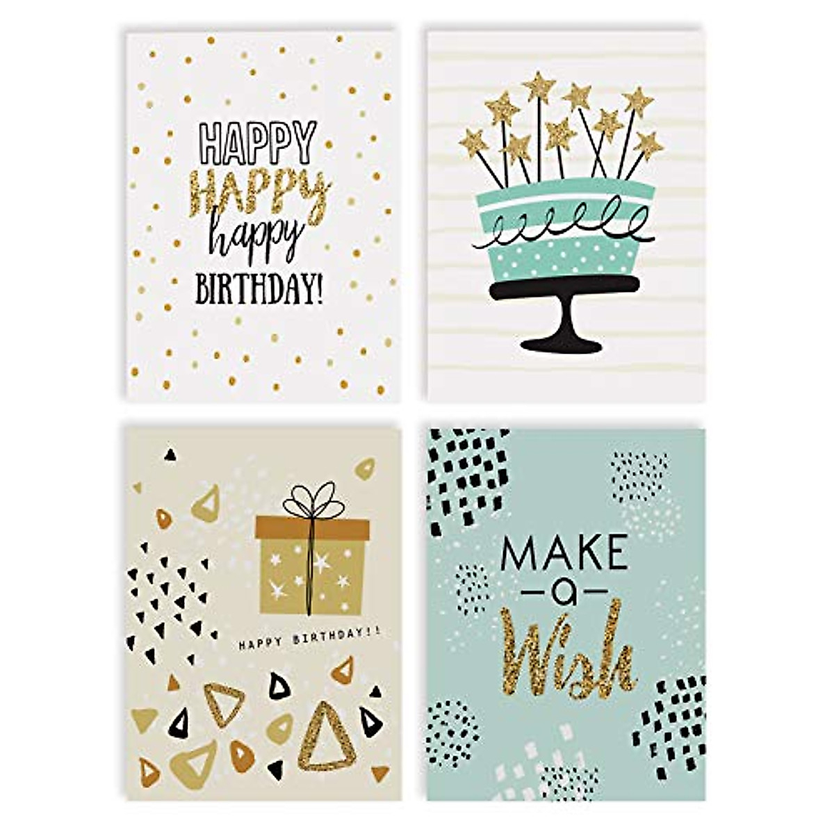 Happy Birthday Cards, 100-Pack, 4 x 6 inch, 4 Cover Designs, Blank Inside, by Better Office Products, with Envelopes, Elegant Gold Collection, 100 Pack