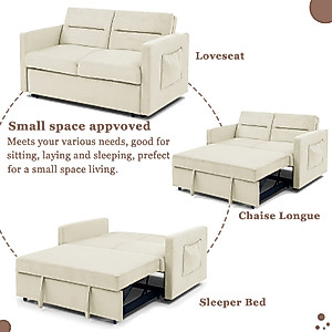 Antetek 3 in 1 Convertible Sleeper Sofa Bed, 54.5-inch Modern Loveseat Couch with Pull-Out Bed, Small Love seat Sofa Bed with Reclining Backrest & Side Pocket for Living Room, Beige