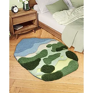 Color&Geometry Green Moss Rug for Bedroom Decor Aesthetic, 47"x39" 3D Soft Shaggy Bedside Rug,Non Slip Washable Area Rug for Home, Living Room, Bathroom Decor