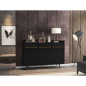Manhattan Comfort Bradley Mid Century Modern Dining Room 4 Shelves Buffet Stand Cabinet, 53.54", Black