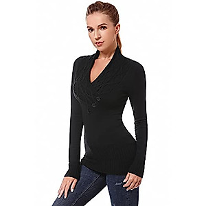 AmélieBoutik Women Crossover Cable Knit V Neck Long Sleeve Pullover Sweater (Black Medium)