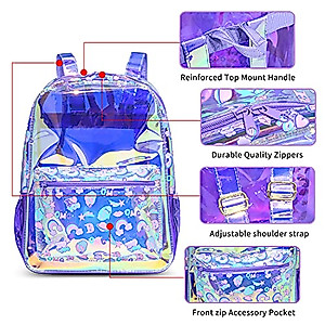 RuRu monkey Transparent Hologram Girls Clear Backpack - Ideal PVC Clear Backpack for Kids Ages 4-10 for Kindergarten, Preschool, and Lower Elementary Students, Purple
