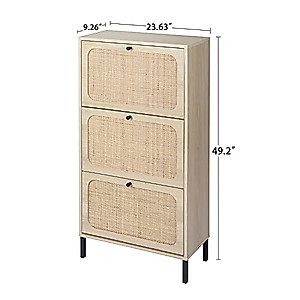 LKTART Natural Rattan Shoe Storage Cabinet 3-Tier Wood Shoe Rack Storage Organizer with Shelves for Entryway (Single)
